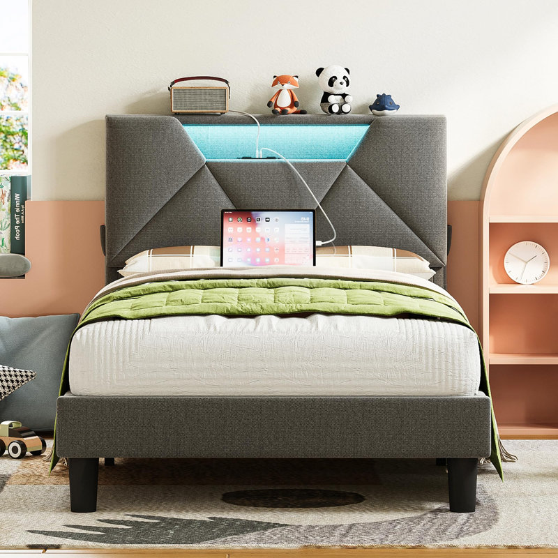 Couvertt LED Lights Upholstered Bed with Storage Headboard and Charging Station Orren Ellis Size Twin
